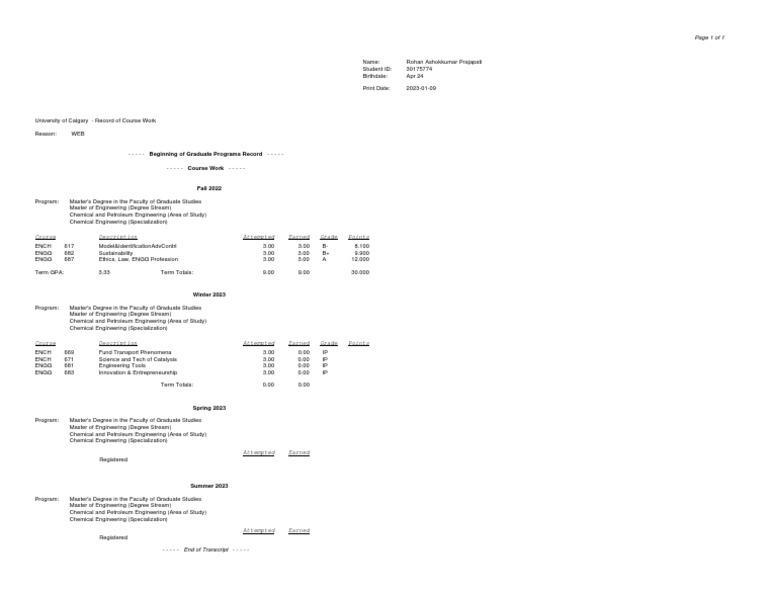 Unofficial Transcript | PDF | Engineering | Business