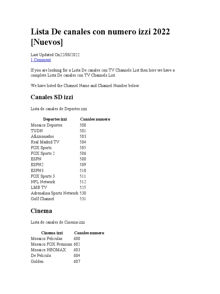 Lista de Canales Con Numero Izzi 2022 | PDF