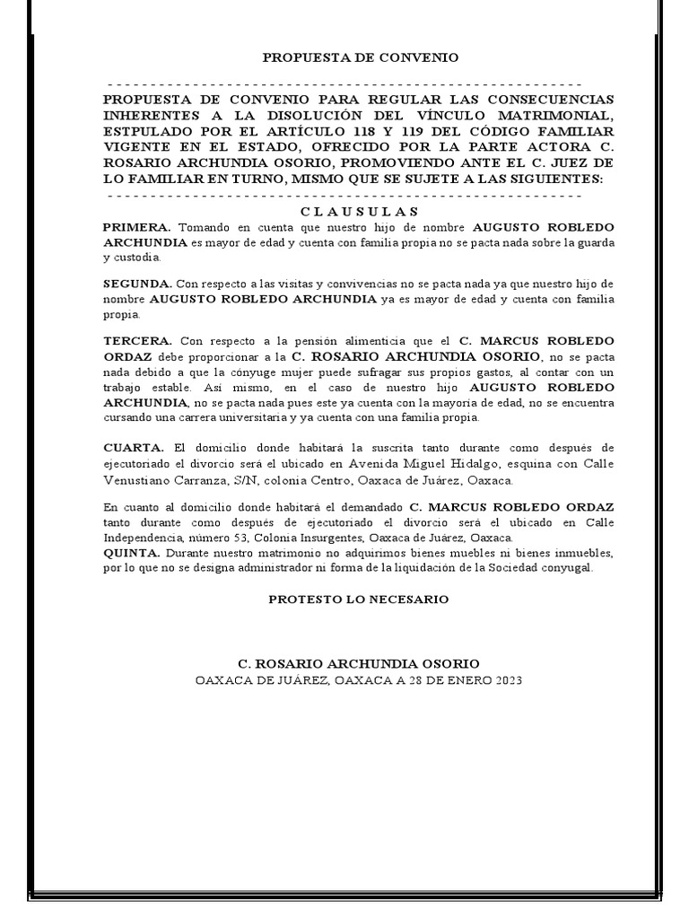 Ejemplo Propuesta de Convenio en Divorcio Incausado Con Hijo Mayor de ...