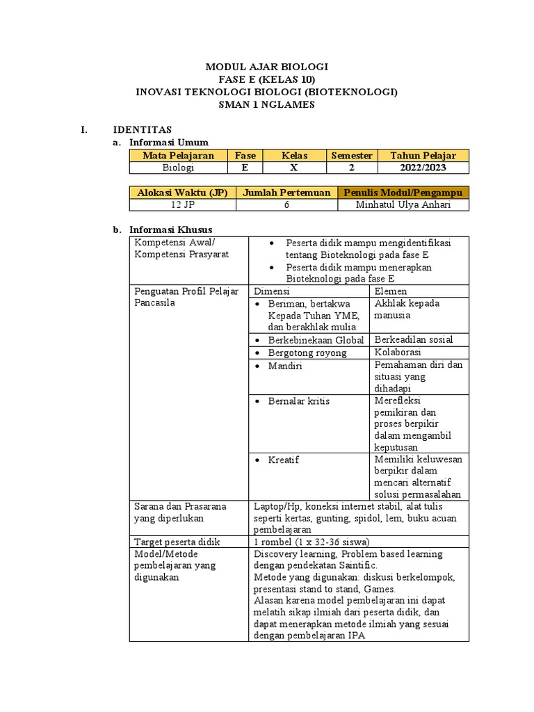 Modul Ajar Biologi Kelas X Semester 2 | PDF