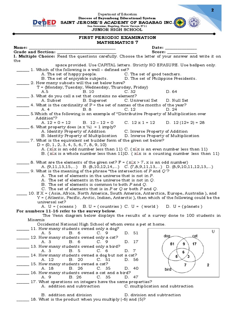 First Quarter Exam Mathematics 7 | PDF | Multiplication | Mathematical Concepts