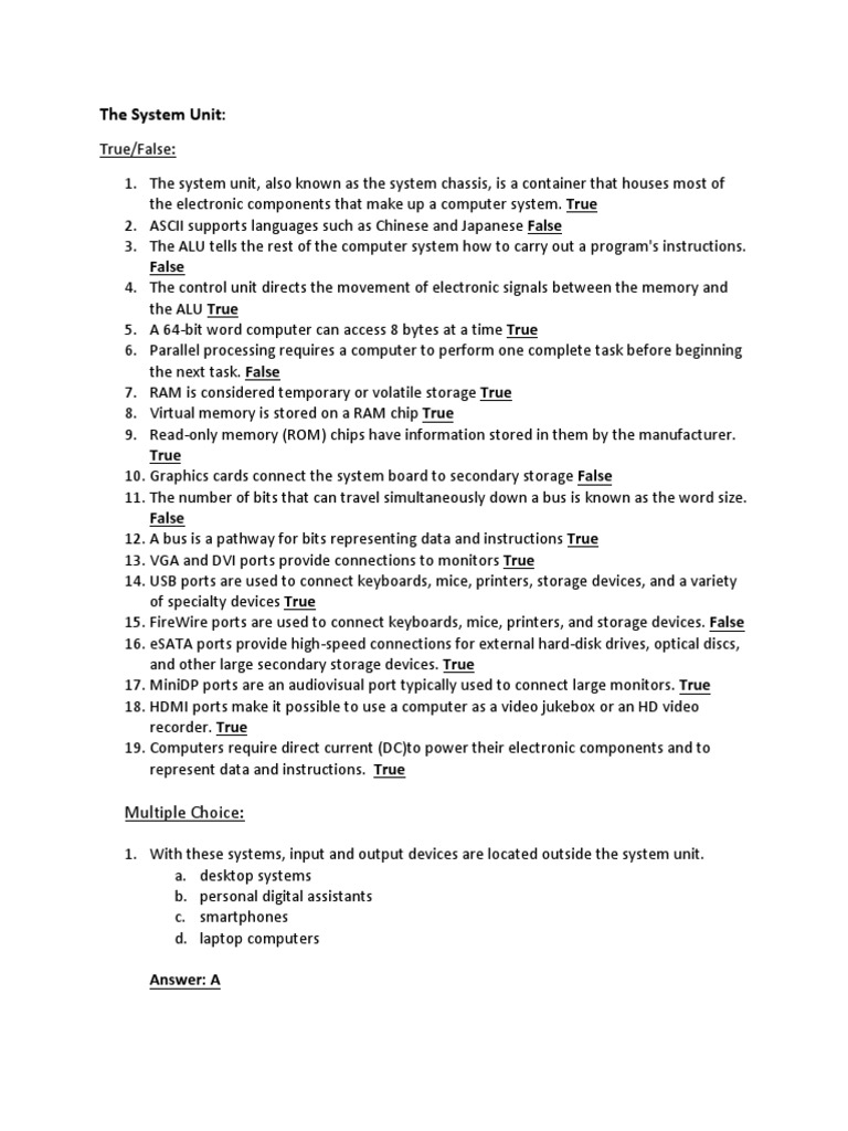 The System Unit Pdf Computer Data Storage Random Access Memory