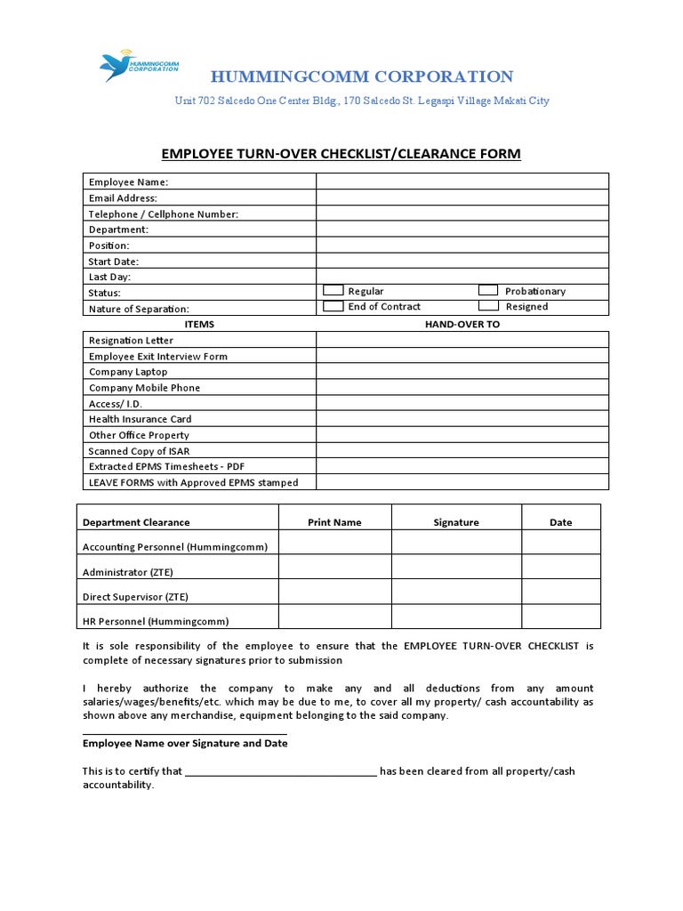 Clearance Form - Employee Turn-Over Checklist | PDF