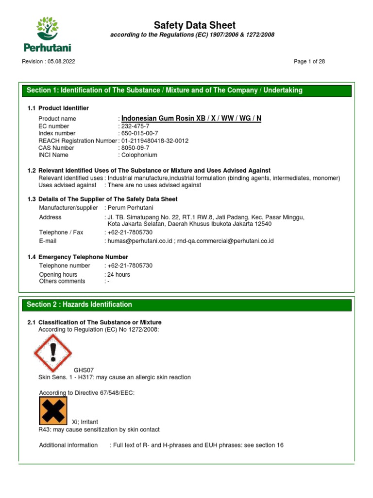 SDS Gum Rosin Perhutani Revision August 2022 | Download Free PDF ...