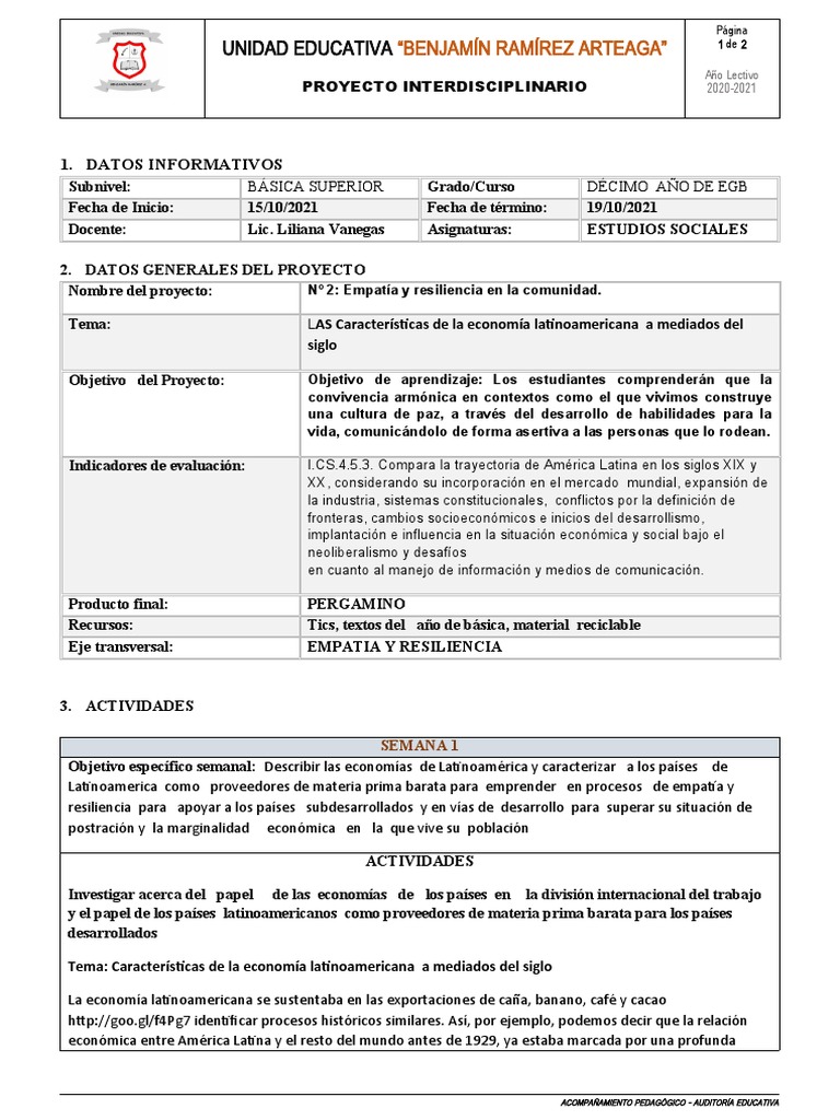 Ficha1 Proyecto Interdiscip 2 Decimo Eess | PDF | America latina | Economias