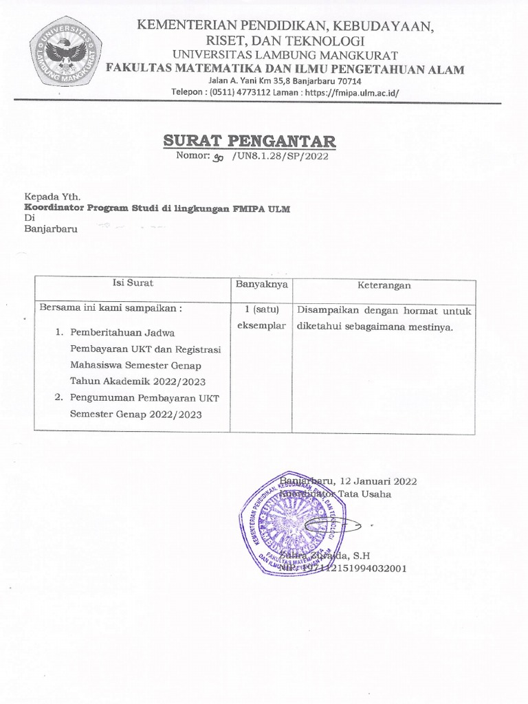 Surat Pemberitahuan Jadwal Pembayaran UKT & Registrasi Mahasiswa Dan Pengumuman Pembayaran UKT ...