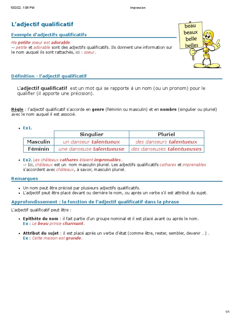 L'Adjectif Qualificatif : Définition et Exemples | PDF