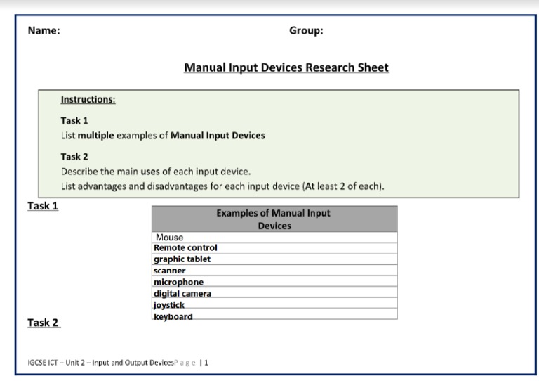 Igcse Ict Unit 2 Input And Output Devices Page 1 Pdf