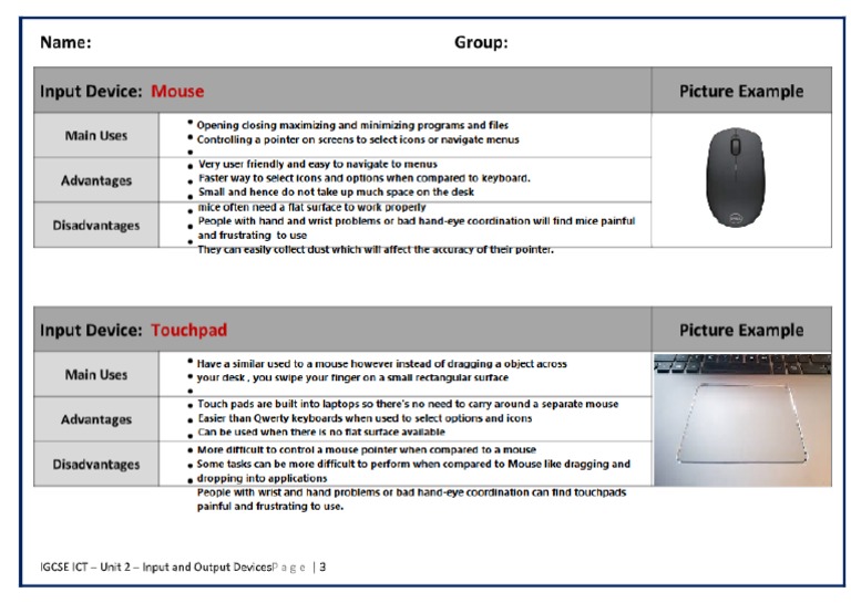 IGCSE ICT UNIT 2: INPUT AND OUTPUT Devices Page 3 | PDF