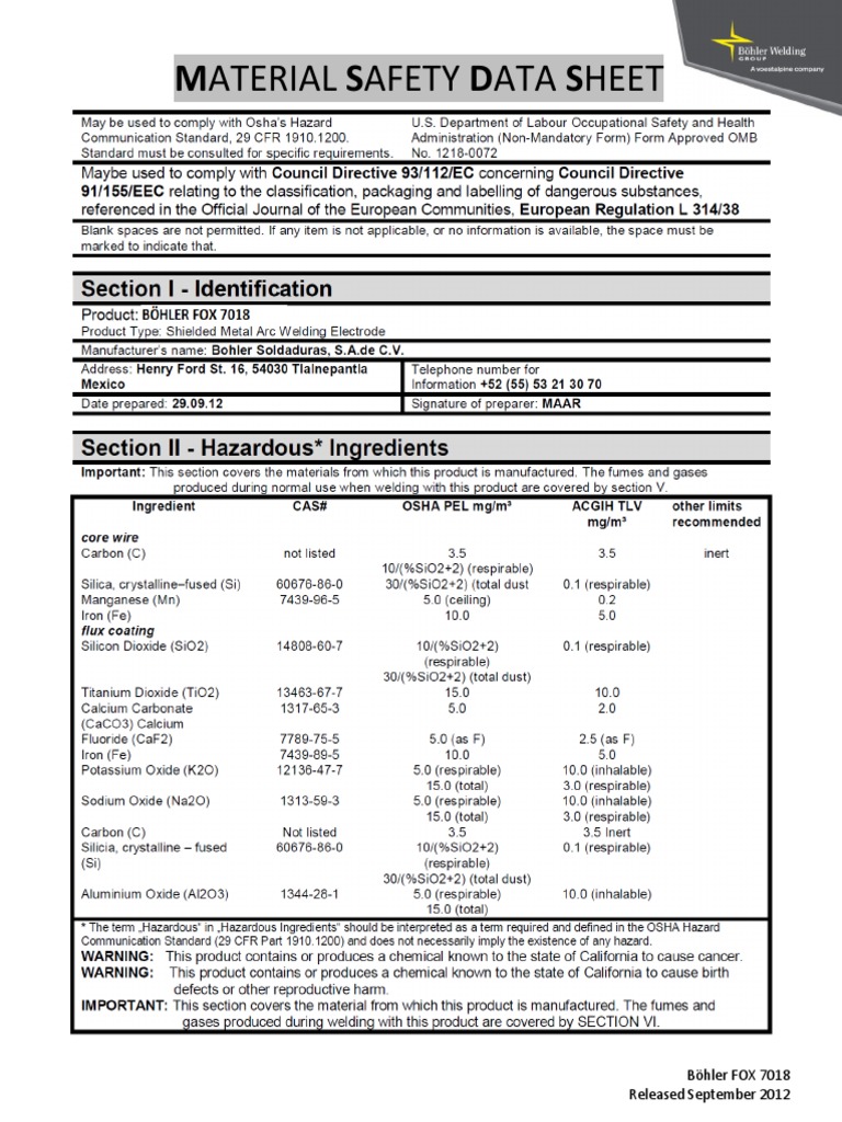 MSDS Bohler 7018 | PDF