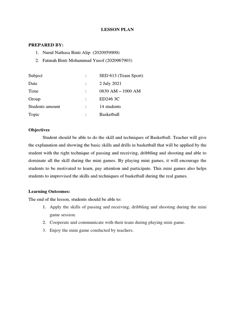 Lesson Plan Basketball | PDF | Teachers | Lesson Plan