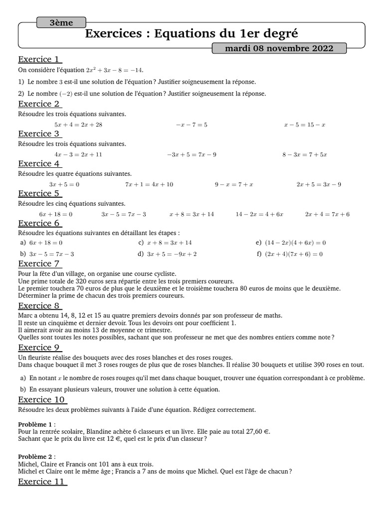 Exercices sur les équations du 1er degré | PDF | Objets mathématiques ...