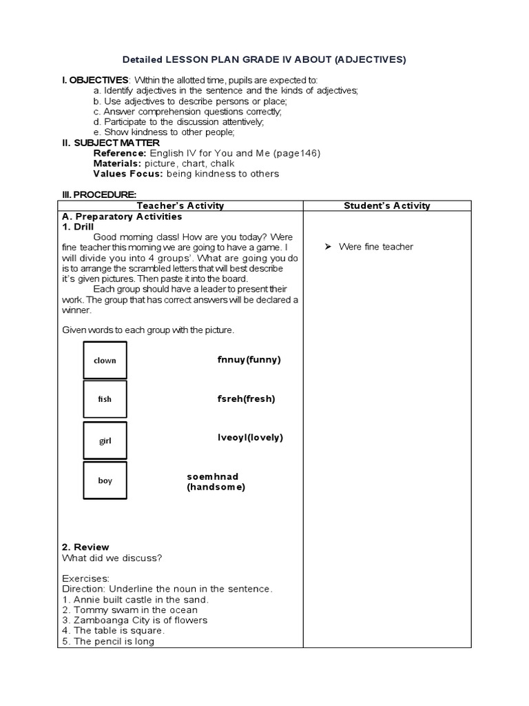 Detailed-LESSON-PLAN - English GRADE-IV | PDF | Adjective | Noun