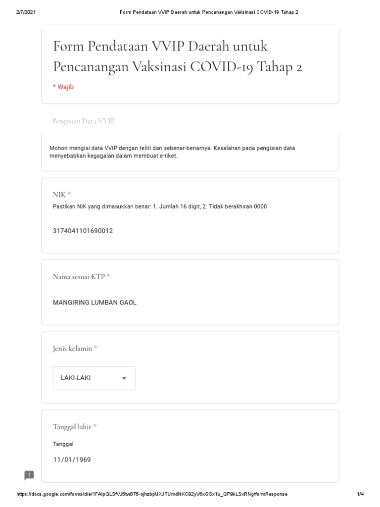 6 Form Pendataan VVIP Daerah Untuk Pencanangan Vaksinasi COVID-19 Tahap 2 | PDF