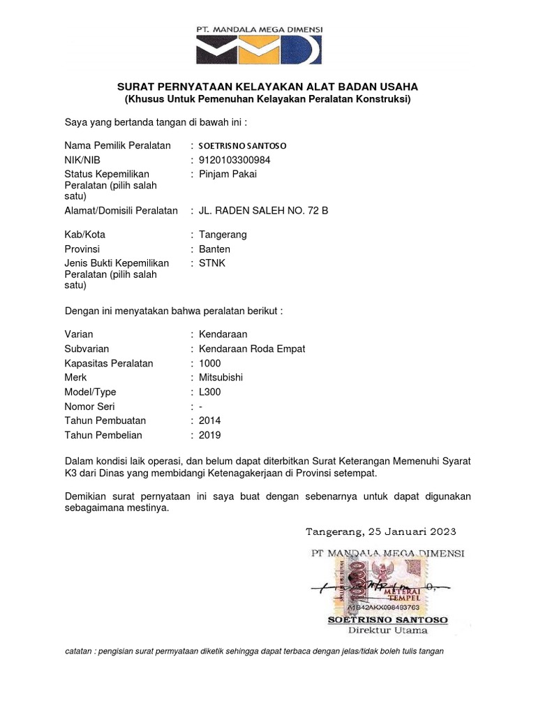 Format Surat Pernyataan Kelayakan Alat Badan Usaha | PDF