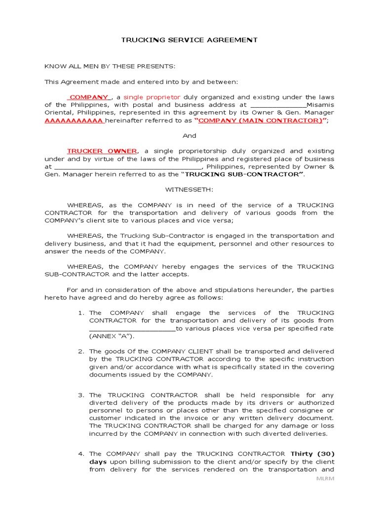 Trucking Service Agreement Template | PDF | Finance & Money Management
