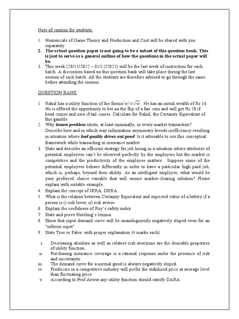 Practice Questions | PDF | Risk Aversion | Utility