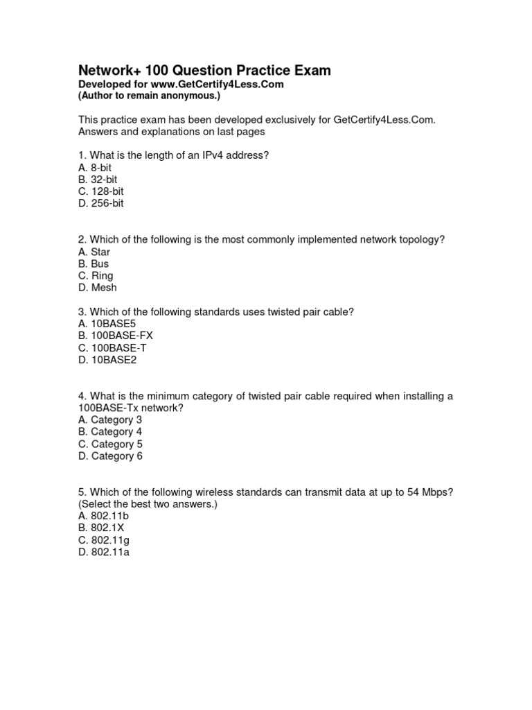 Network+ N10 004 100 Question Practice Test | PDF | Osi Model ...