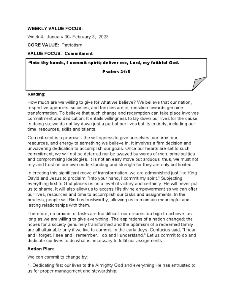 WEEKLY VALUE FOCUS Week 5 Commitment | PDF | Theology | Religious ...