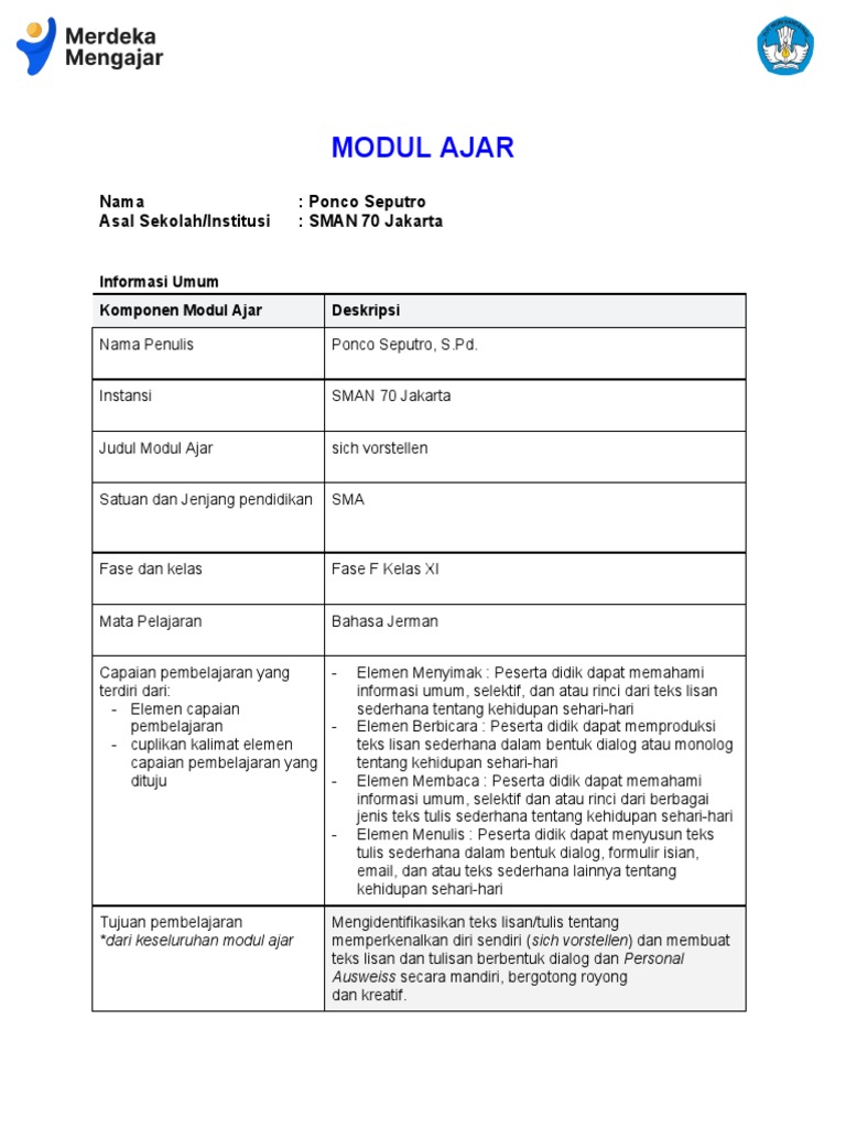 Modul Ajar Full Sich Vorstellen | PDF | Karier & Perkembangan | Seni & Disiplin Bahasa