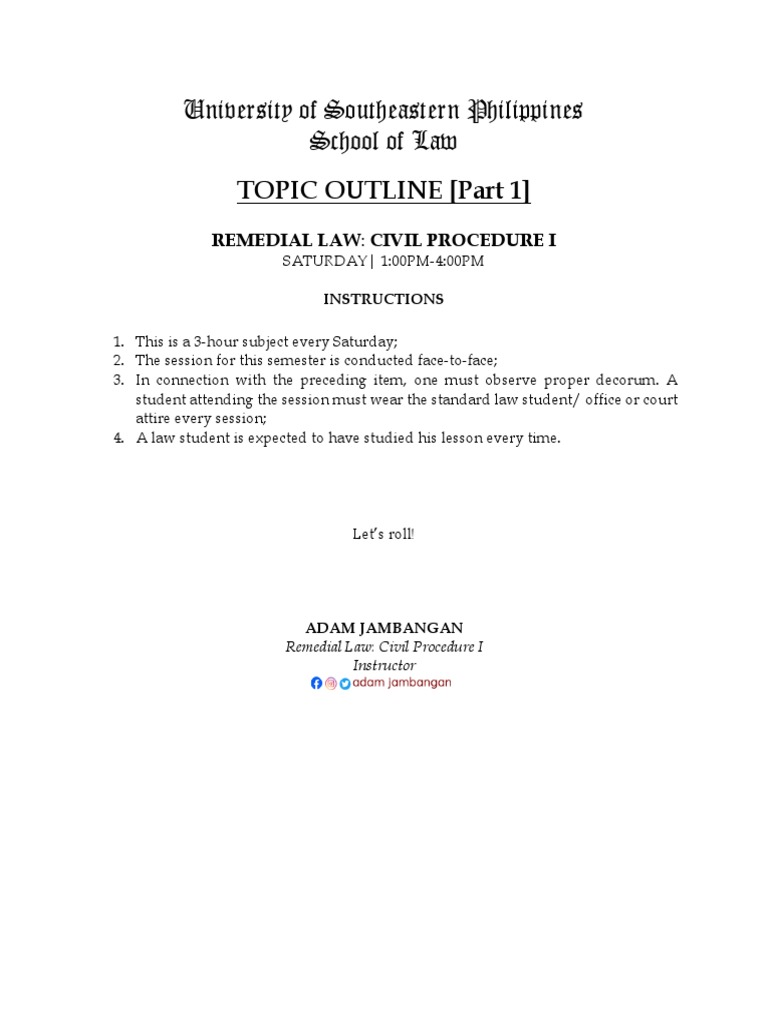 Topic Outline For Civil Procedure Part 1 | Download Free PDF ...