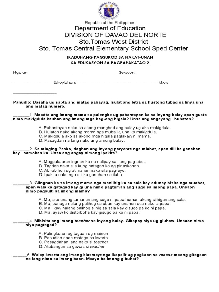 Grade 2 Quarter 2 Assessment in EsP | PDF