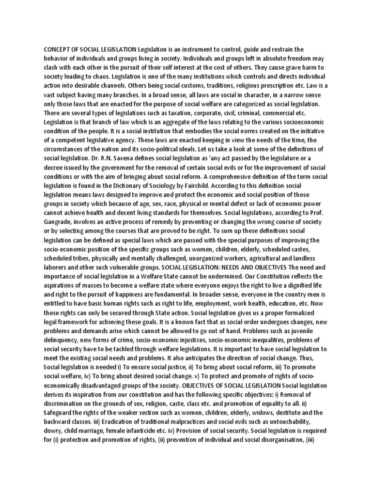CONCEPT OF SOCIAL LEGISLATION Legislation Is An Instrument To Control ...