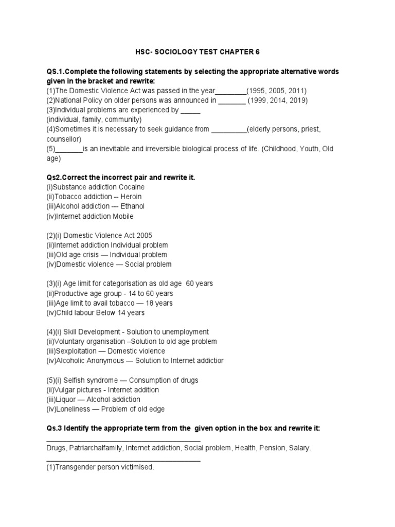 HSC - Sociology Test Chapter 6 | PDF | Violence | Alcoholism