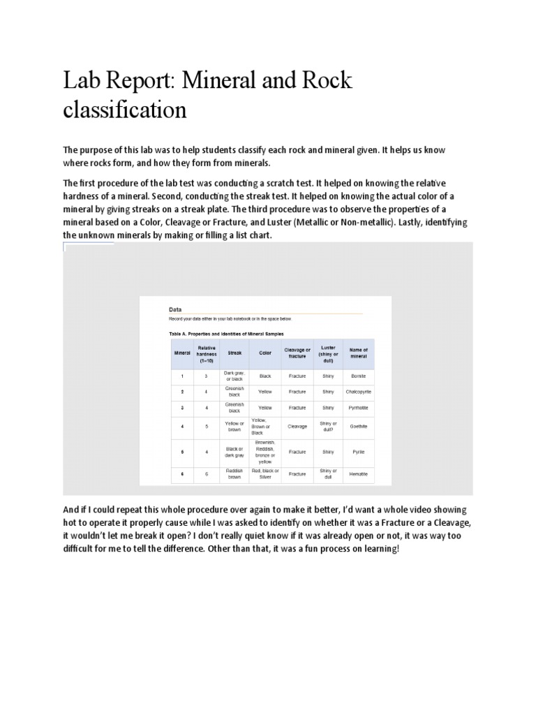 Lab Report Rock and Mineral Classification | PDF