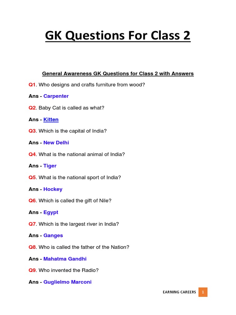 GK Questions For Class 2 | PDF | Astronomy | Physical Sciences