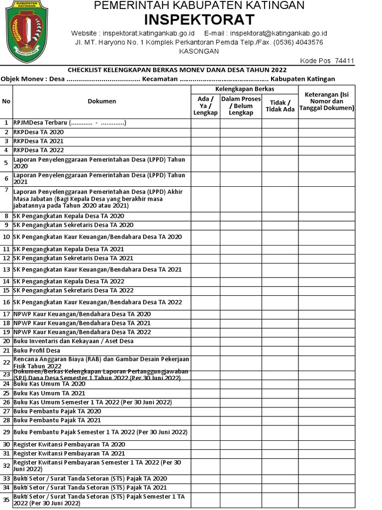 Daftar Dokumen Kelengkapan Monev DD | PDF