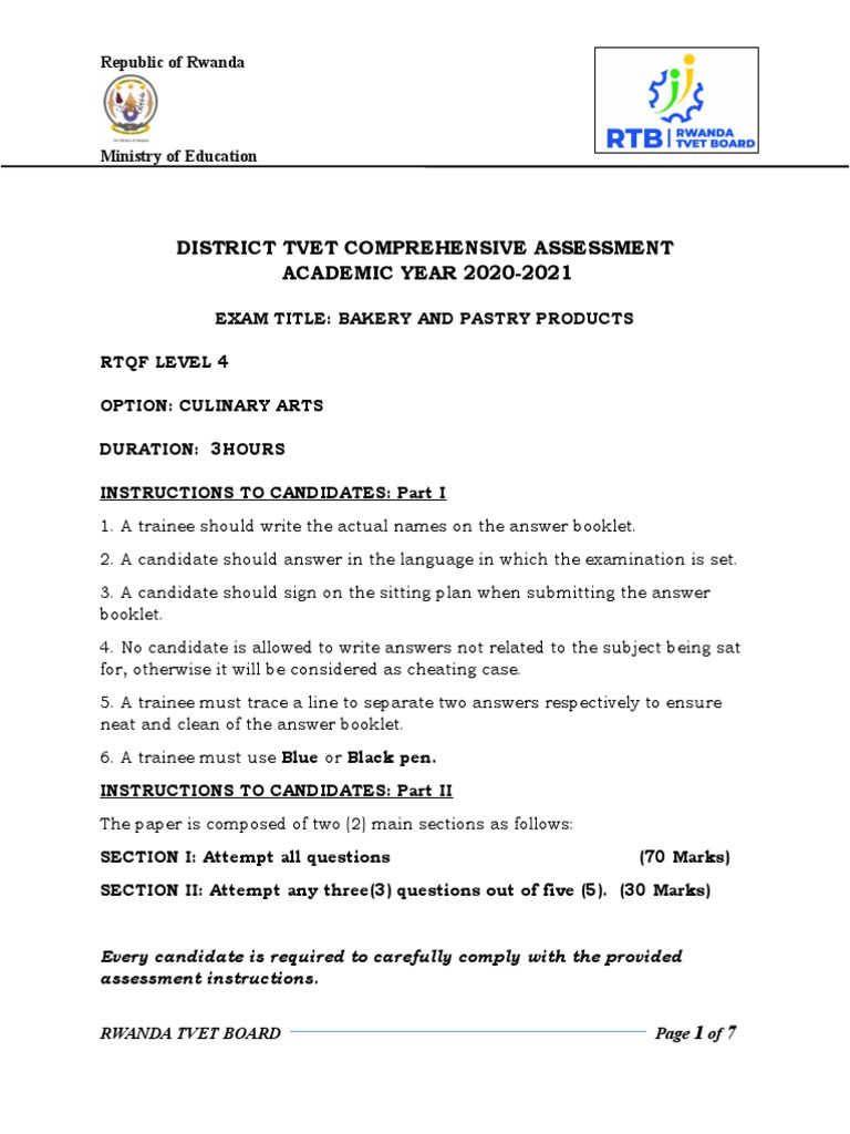 Bakery and Pastry Marking Guide District Tvet Comprehensive Assessment Term 2 2020-2021-22 | PDF ...