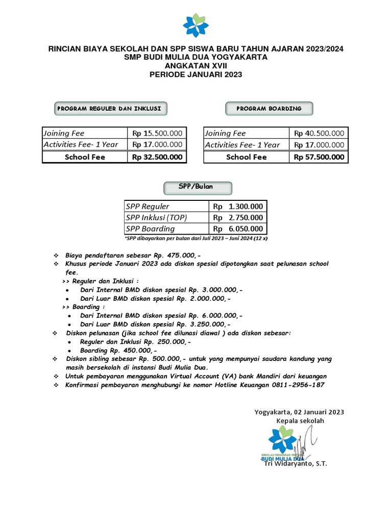 RINCIAN BIAYA SEKOLAH DAN SPP SISWA BARU TAHUN AJARAN 2023-2024 Periode Januari 2023 | PDF