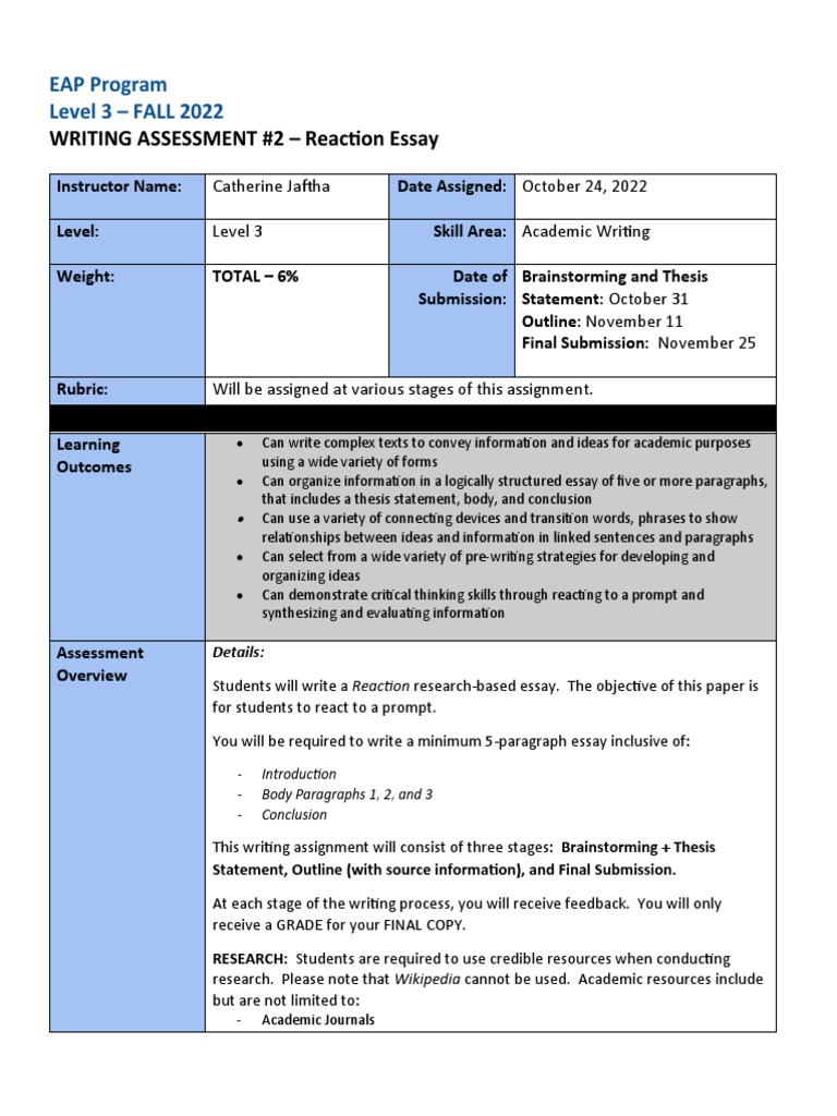 EAP Level 3 Reaction Essay Guidelines | PDF | Essays | Thesis