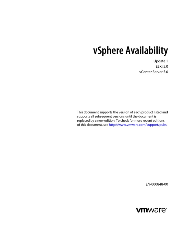 Vsphere Esxi Vcenter Server 501 Availability Guide | PDF | Computer Cluster | Virtual Machine