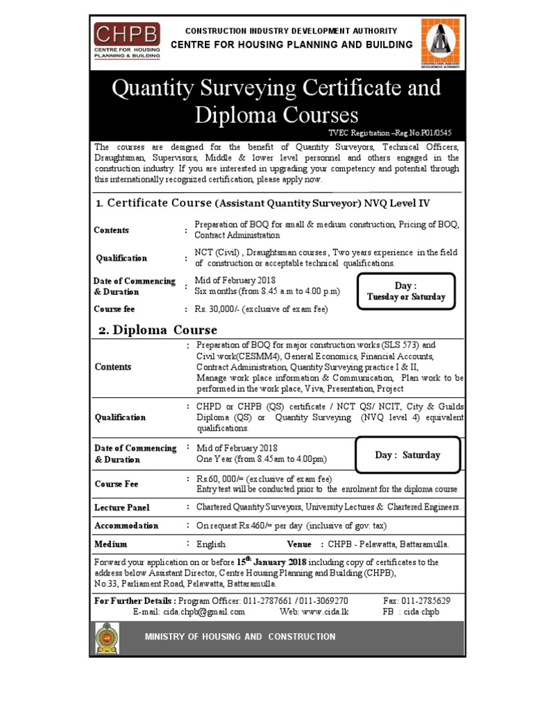 Quantity Surveying Certificate Courses | PDF | Diploma | Vocational ...