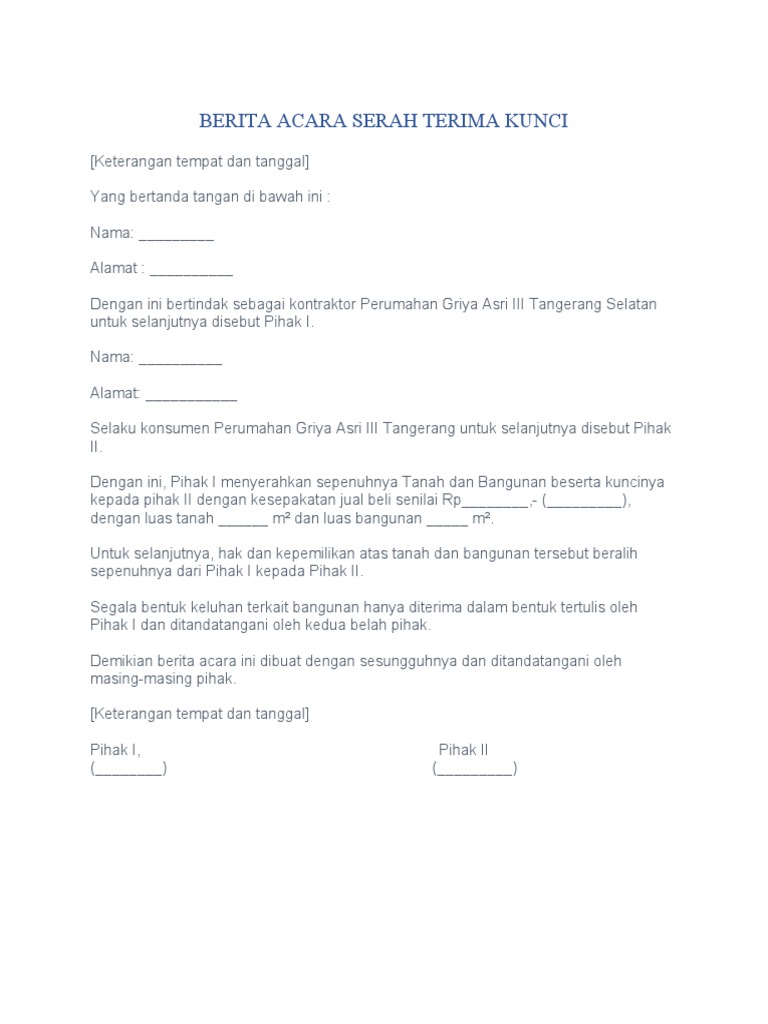 Contoh Surat Serah Terima Kunci Rumah KPR | PDF