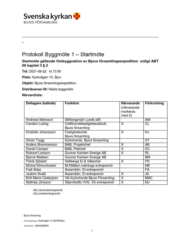Protokoll Byggmöte 1 | PDF