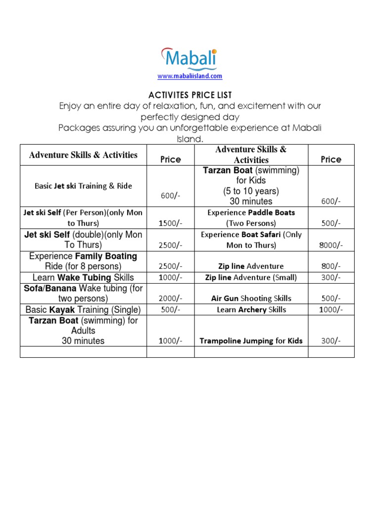 Activities Price List (Updated) | PDF