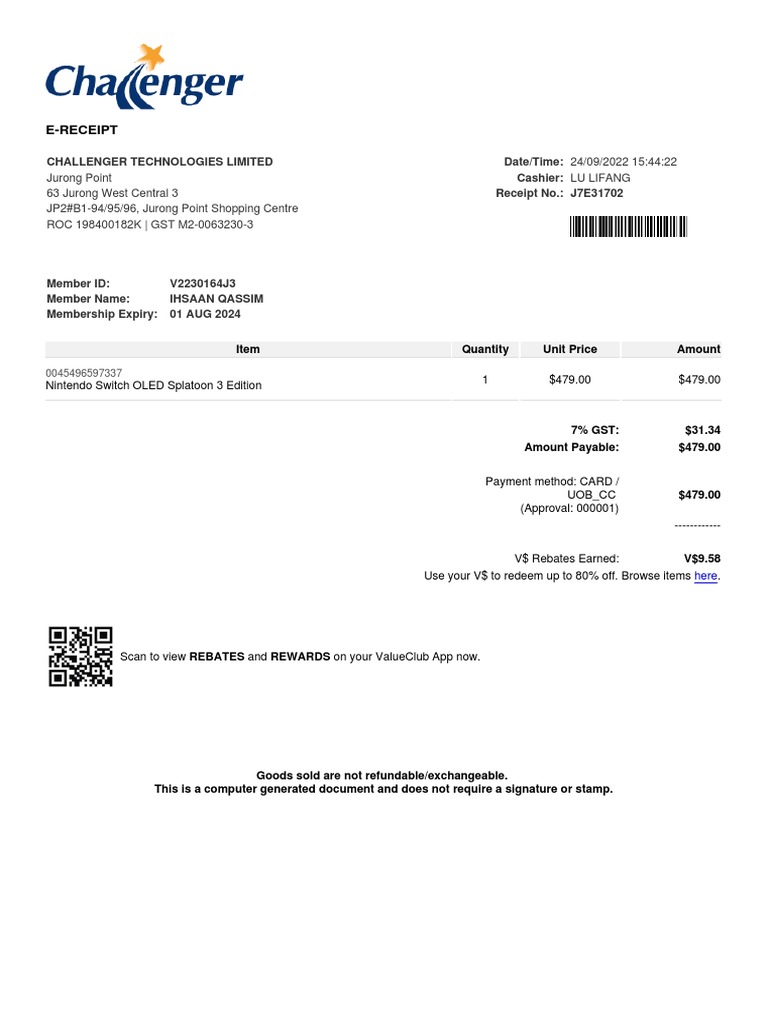 Challenger Technologies Receipt: Nintendo Switch | PDF