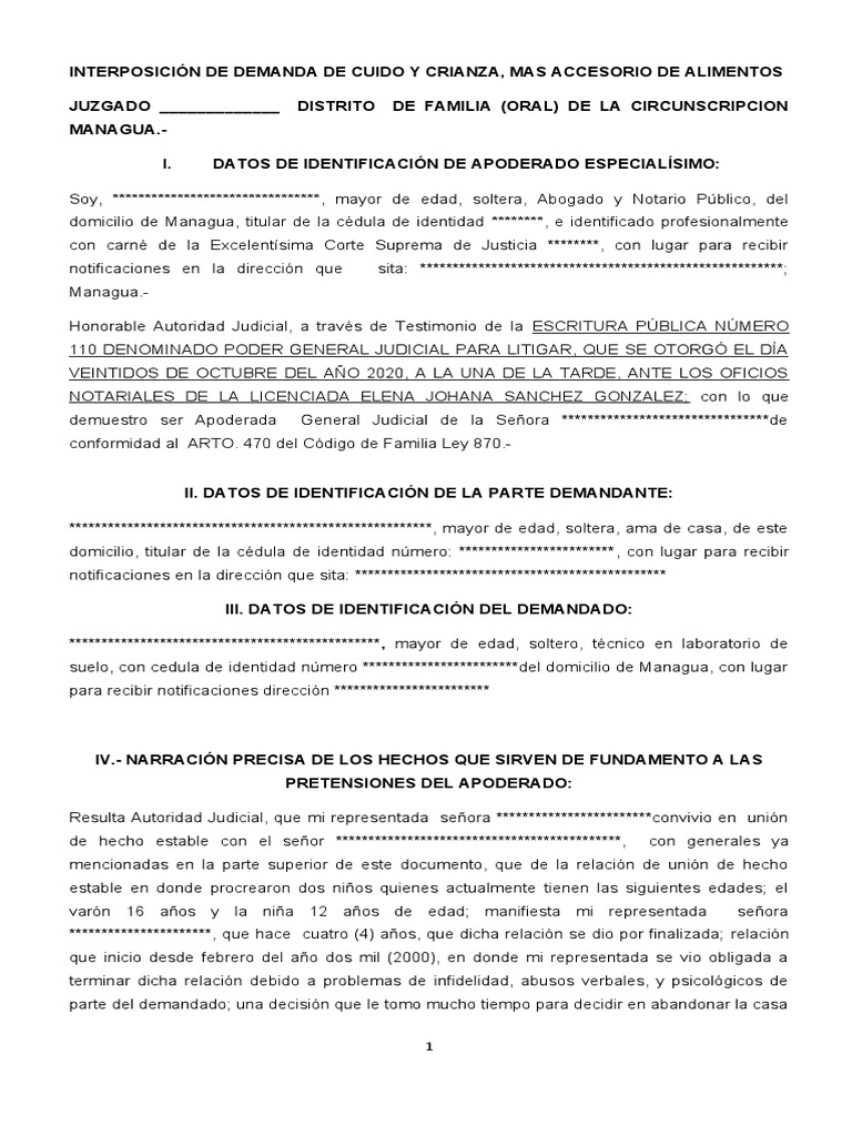 Demanda de Cuido y Crianza, Mas Accesorio de Alimentos Ley 870 | PDF ...