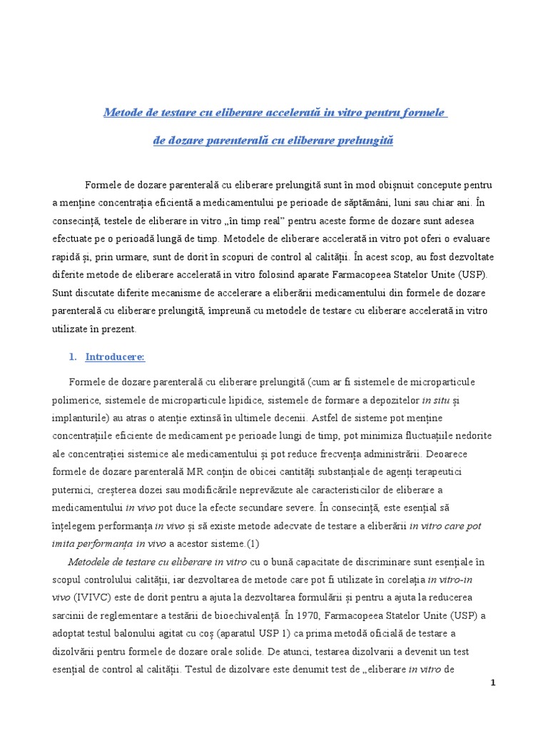 Dezvoltarea Testelor de Cedare in Vitro Din Forme Farmaceutice Speciale ...