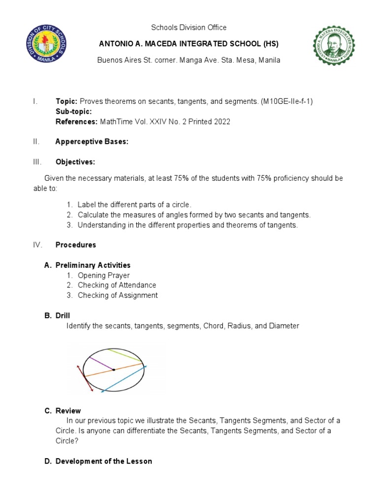 Semi Detailed Lesson Plan Maceda | PDF | Circle | Tangent