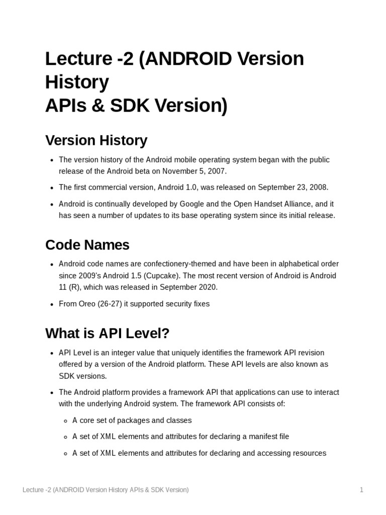 Lecture 2 Android Version History Apis Sdk Version Pdf Android Operating System