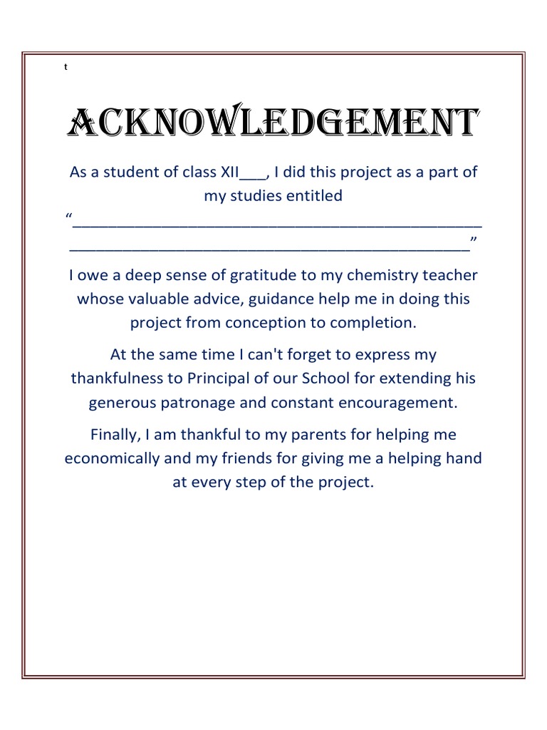 A Student's Acknowledgement and Certification of a Chemistry Project on ...