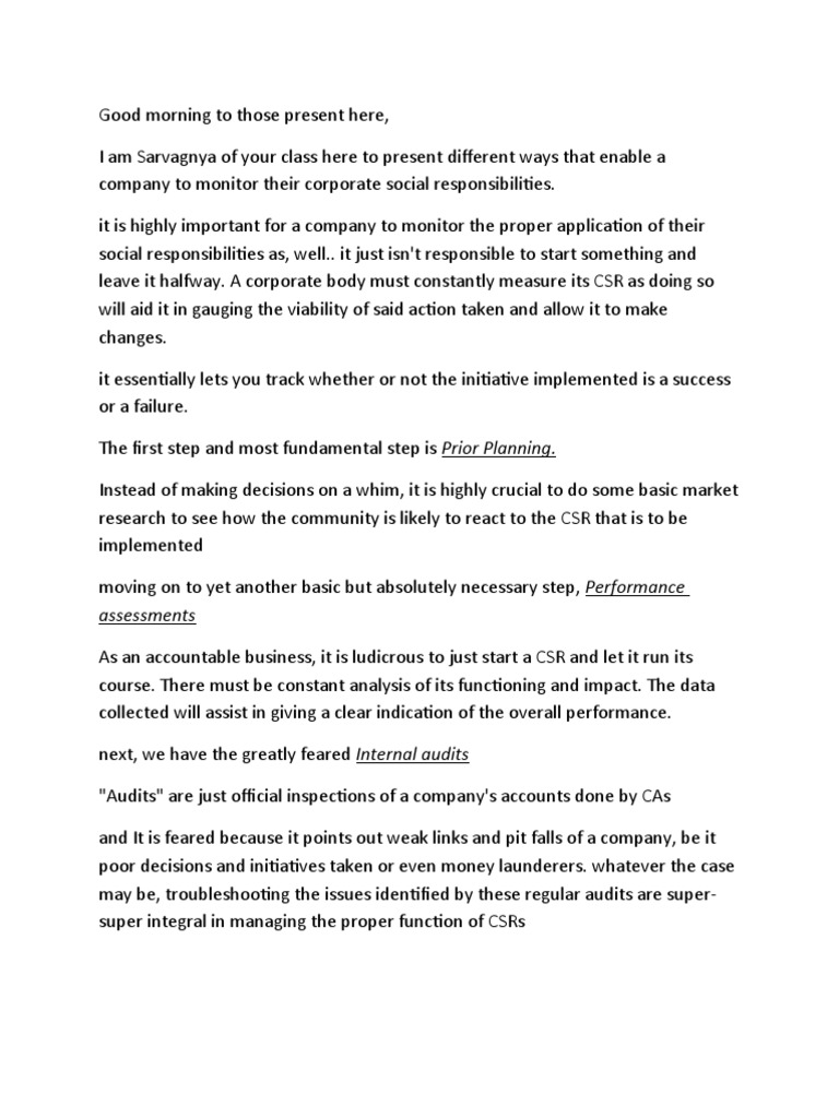 Corporate Social Responsibilities Speech | PDF | Corporate Social ...