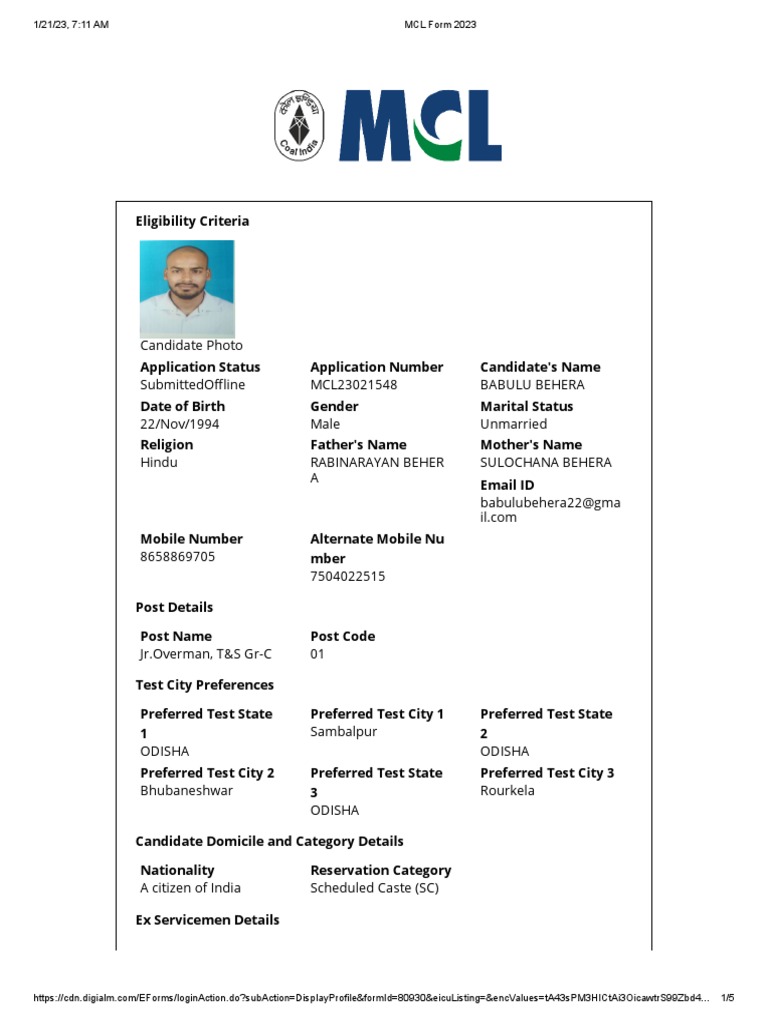 MCL Form 2023 Babulu | PDF