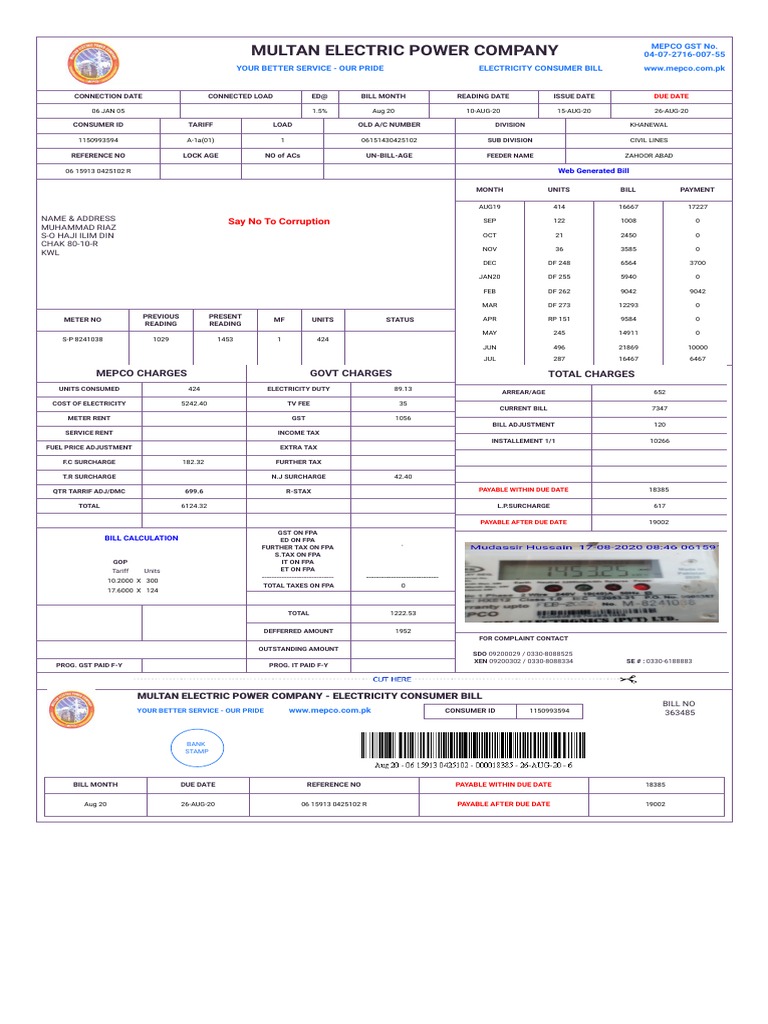Analysis of an Electricity Bill from Multan Electric Power Company ...