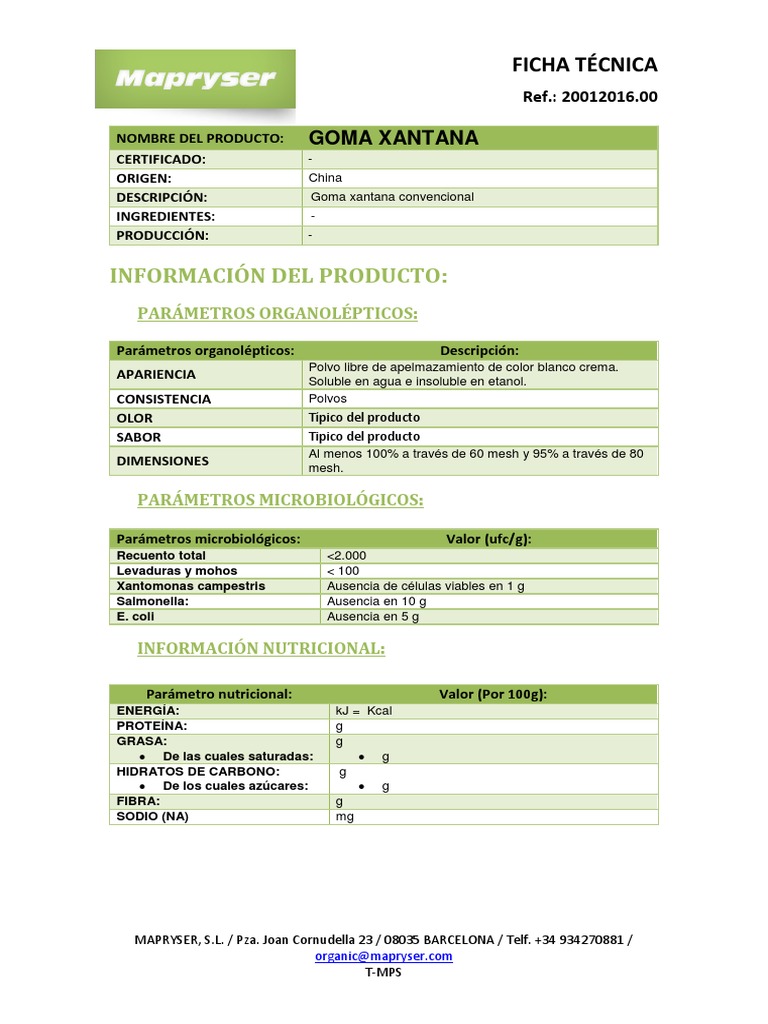 Ficha Técnica de Goma Xantana | PDF | Comida y bebida | Nutrición
