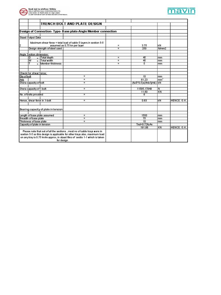 R1 Trench Bracket, Bolt & Plate Loading Calculations | PDF
